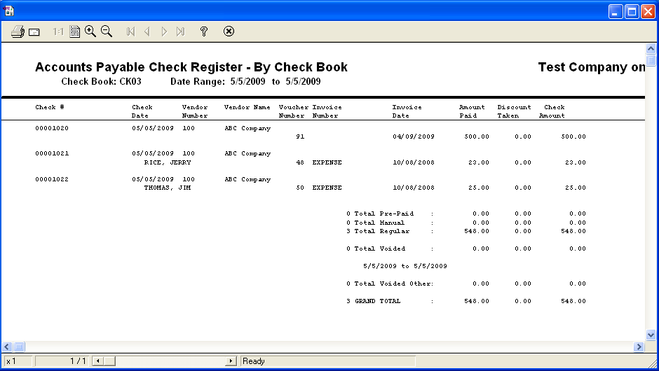 Detail Check Register - By Check Book