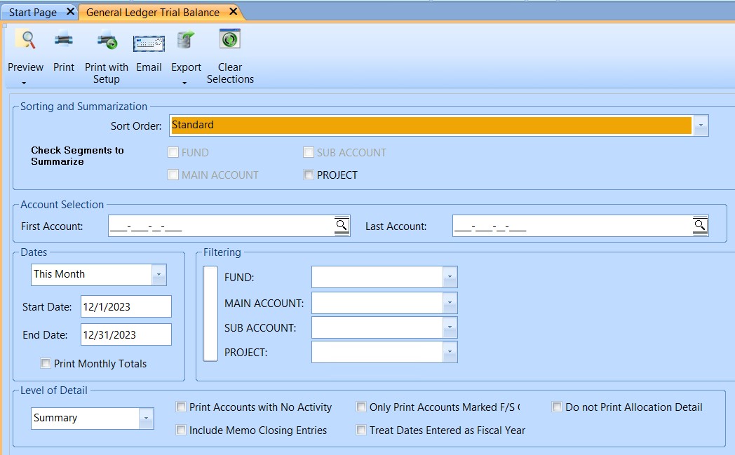 General Ledger Trial Balance Report