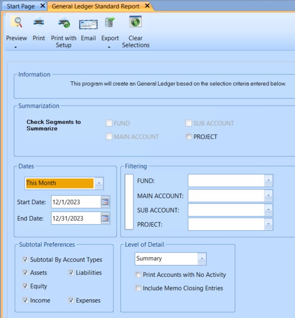 General Ledger Standard Report - Balance Sheet and Income Statement