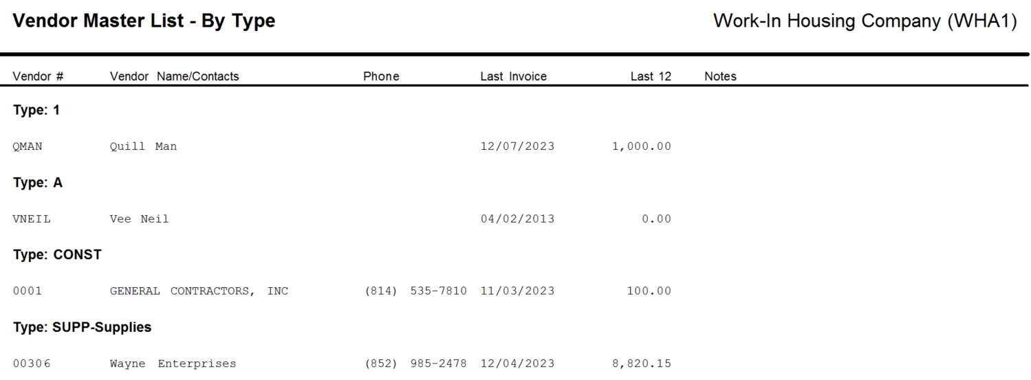 Vendor Master List - By Type