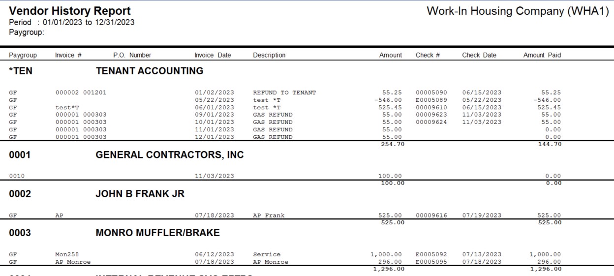 Vendor History Report