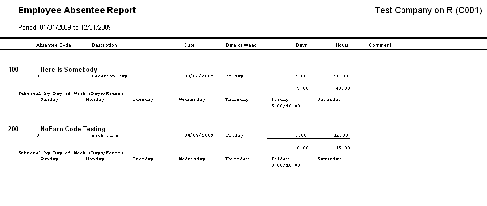 Absentee Detail Report (History)