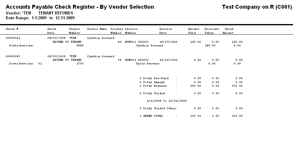 Check Register - By Vendor Selection