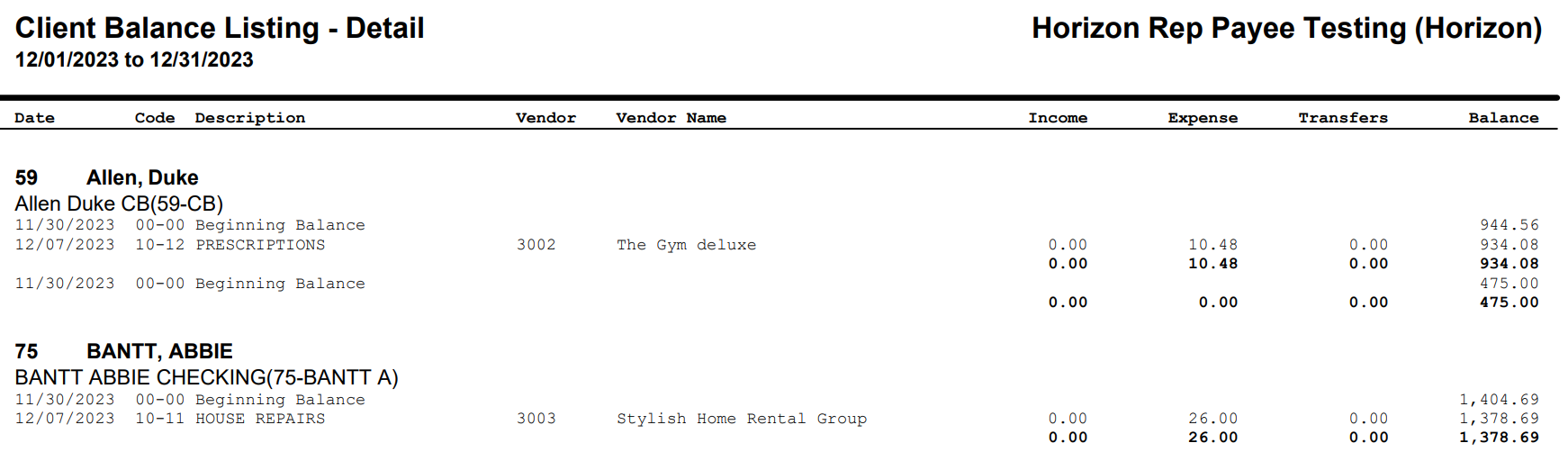 Client Balance Detail Report