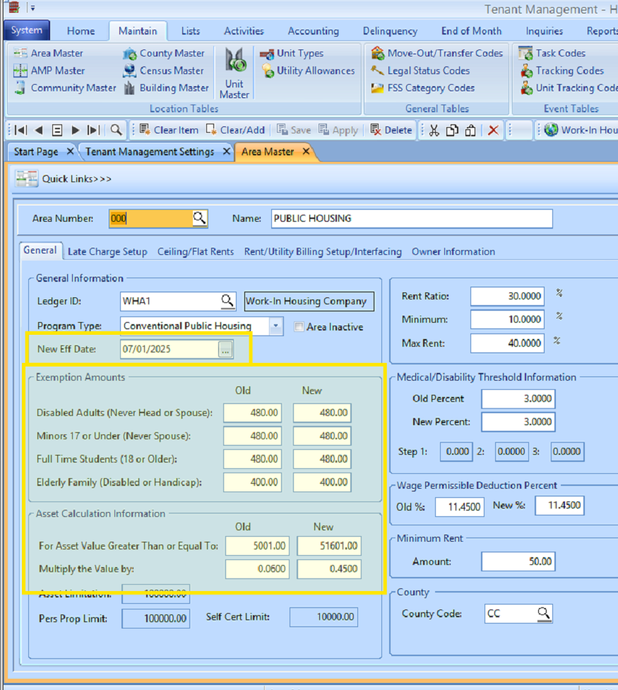 Rent Calculation Settings HOTMA